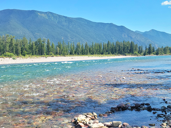 Crystal clear waters of the Flathead River invite contemplation &ndash; or maybe just a refreshing dip on scorching summer days.