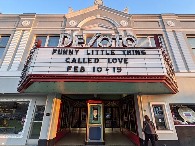 The DeSoto Theatre's marquee still shines bright, reminding us that entertainment doesn't require a streaming subscription or password reset.