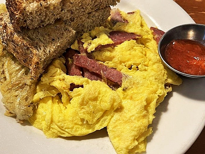 Sunshine on a plate—these scrambled eggs with salami don't just feed your hunger, they feed your soul with that perfect balance of savory satisfaction.