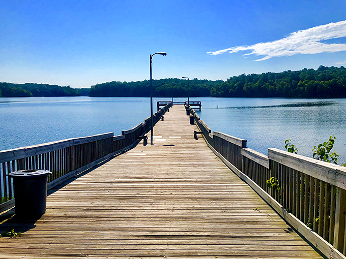Salem Lake's wooden pier stretches toward tranquility, offering city dwellers a peaceful escape just minutes from those affordable mortgages everyone's talking about.
