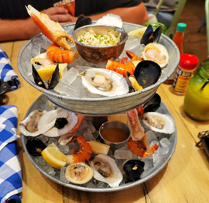The seafood tower that makes landlocked diners forget they're 900 miles from the ocean. A multi-level monument to maritime deliciousness.