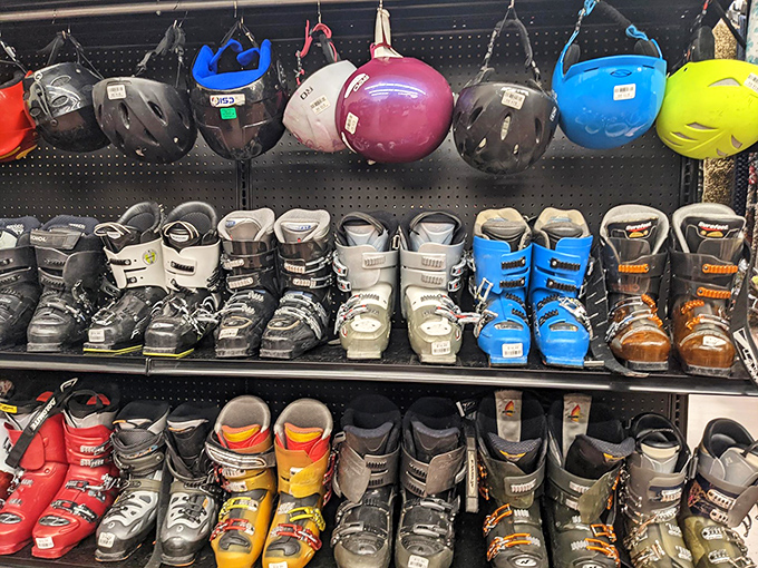 Ski boots and helmets stand at attention like retired Olympic athletes, waiting for their next chance to hit the Colorado slopes with new owners.