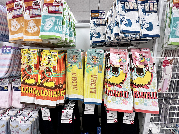 Disney meets Hawaii in this colorful sock display, where Mickey and Aloha spirit combine for happy feet.