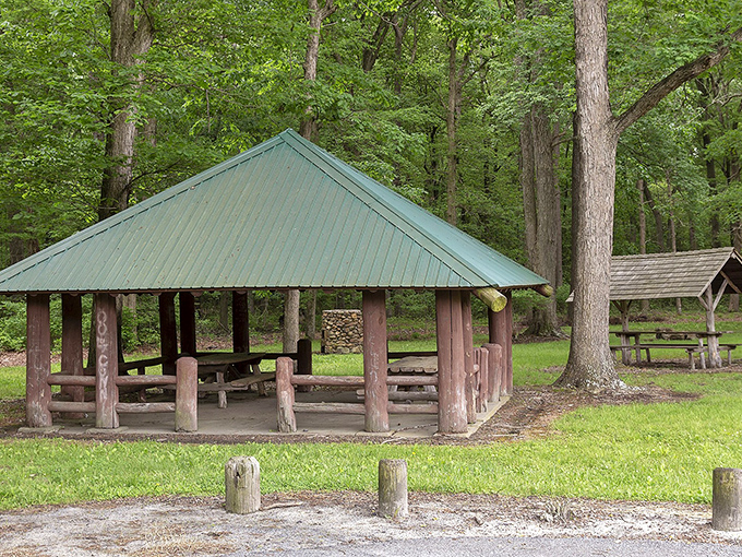 Nature's dining room awaits. This rustic picnic shelter in nearby woods offers a peaceful retreat where the only reservation needed is the one you make with yourself.