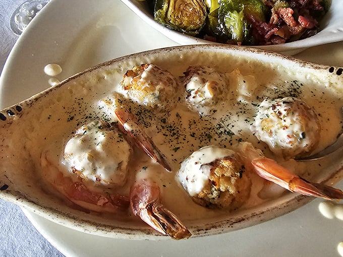 These baked shrimp look like they're wearing little cheese tuxedos to their own delicious farewell party. The Brussels sprouts on the side are just showing off.