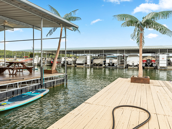Palm trees in Arkansas? This marina deck creates a vacation vibe that makes you forget you're in the Ozarks until you see those crystal-clear waters.