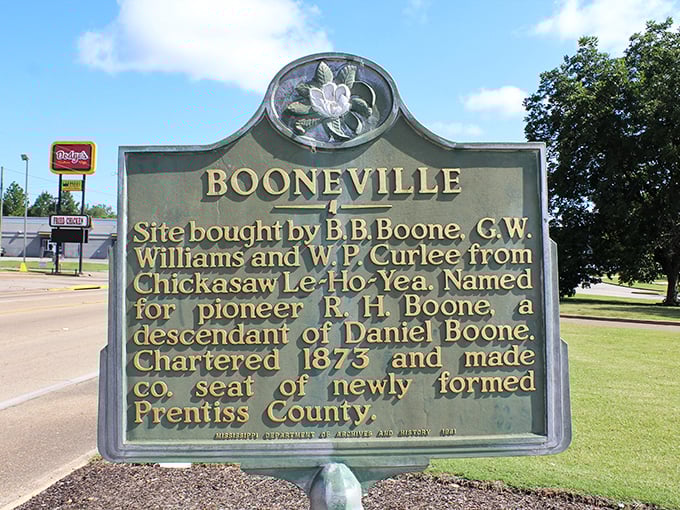 This historical marker tells Booneville's origin story, proving that even in an inflation-obsessed world, some places keep their small-town values intact.