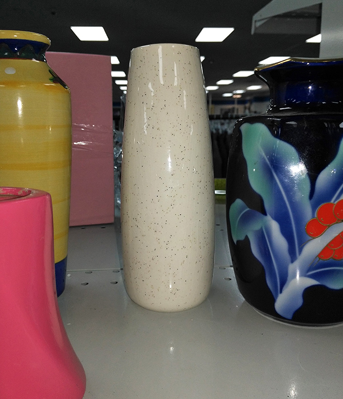 Colorful vases stand like beauty pageant contestants, each with a unique personality and backstory, waiting for their second chance at decorative glory.