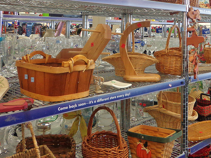 Woven baskets and glassware await new homes. One person's "I don't need this anymore" becomes another's "I can't believe I found this!"