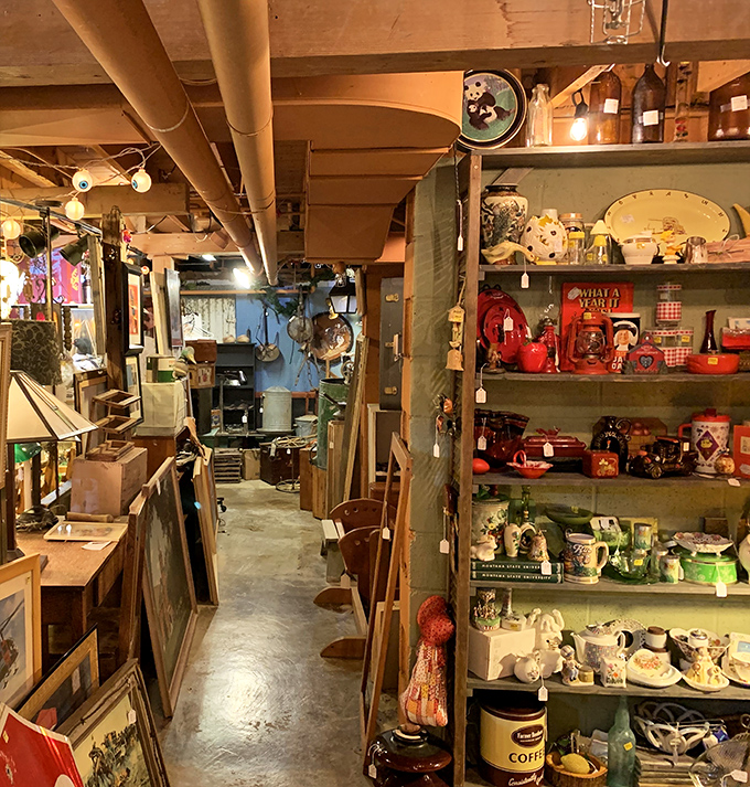 Basement treasures without the cobwebs! This cozy corridor showcases everything from farmhouse kitchenware to vibrant collectibles that tell Montana's domestic history.