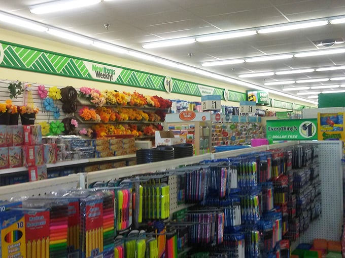 A rainbow explosion of art supplies awaits creative minds on a budget. School projects and office supplies coexist in colorful harmony.