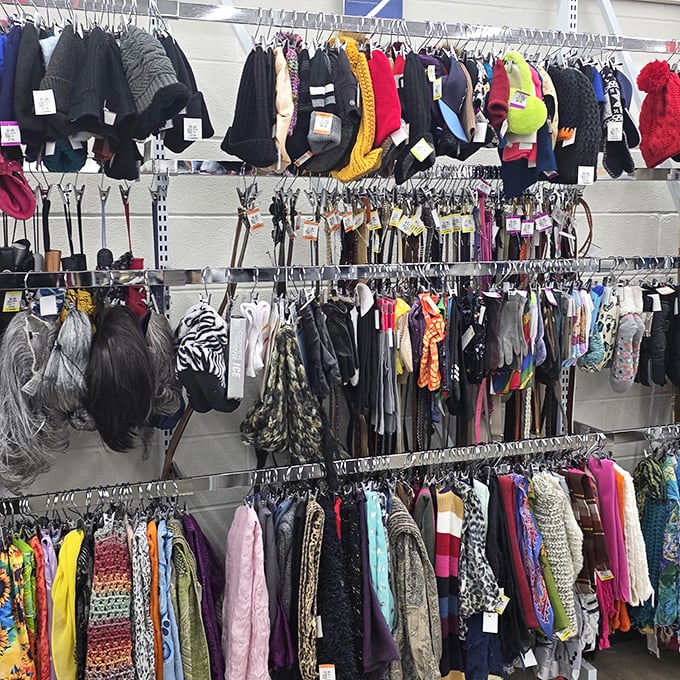 A rainbow explosion of scarves, hats, and Halloween costumes past. One shopper's "what was I thinking?" becomes another's "exactly what I needed!"