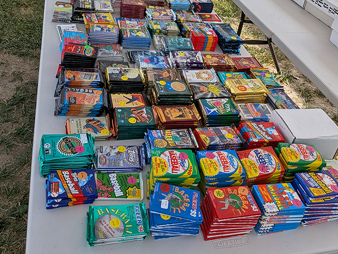 Baseball cards arranged with military precision, each one a time capsule of childhood memories and potential college funds that never quite materialized.