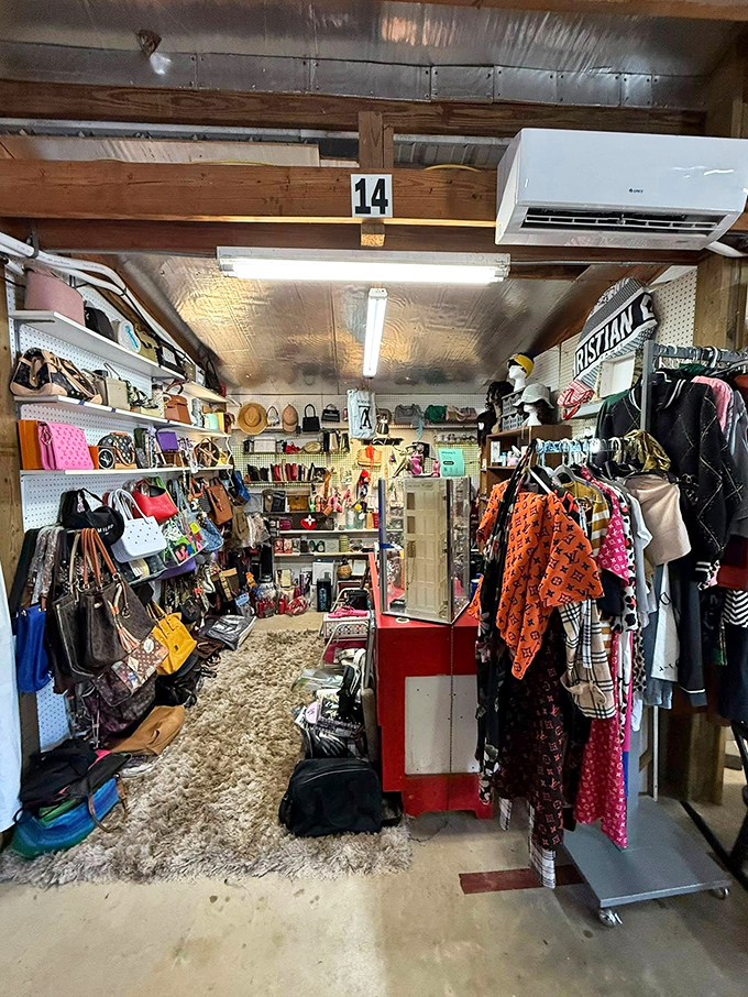 Booth #14 showcases the beautiful chaos of fashion finds&mdash;designer bags hang like exotic fruit from a tree of bargains.