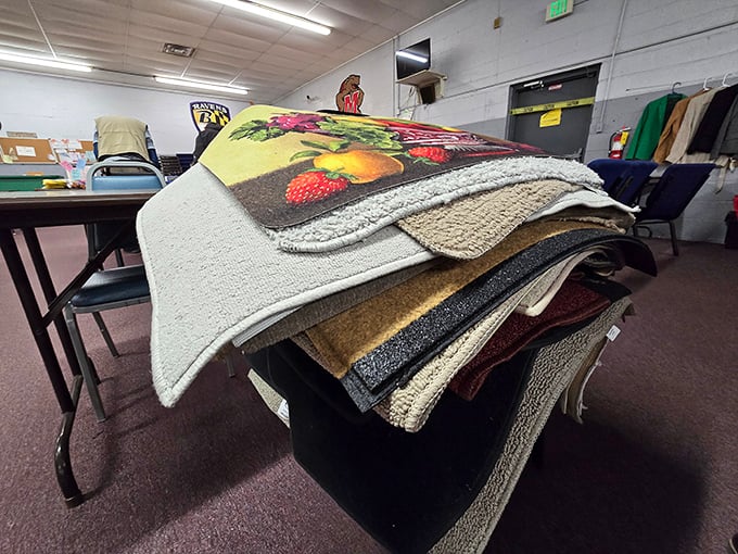 Kitchen rugs with fruit motifs stacked like pancakes&mdash;because nothing says "I'm an adult" like getting excited about practical home goods.