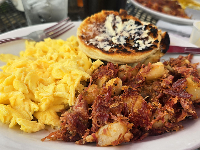 The star of the show: Crispy-edged corned beef hash that makes other breakfast meats jealous, paired with fluffy scrambled eggs and an English muffin that's toasted to perfection.