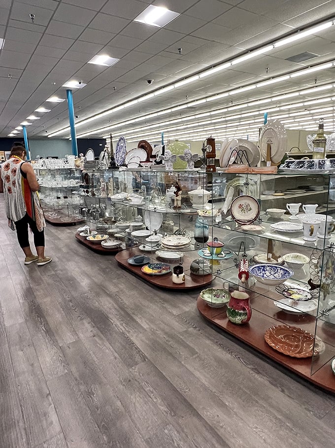 Fine china and glassware displayed with museum-like precision, proving one person's castoffs become another's entertaining essentials.