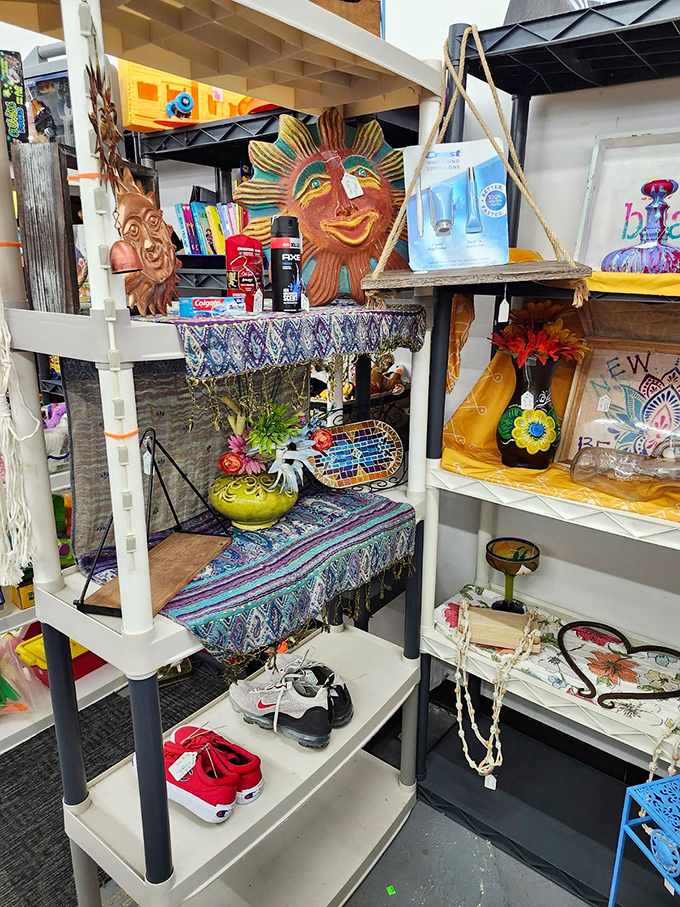 A bohemian paradise of colorful textiles, whimsical sun faces, and vintage sneakers. Marie Kondo would have a panic attack, but treasure hunters feel right at home.