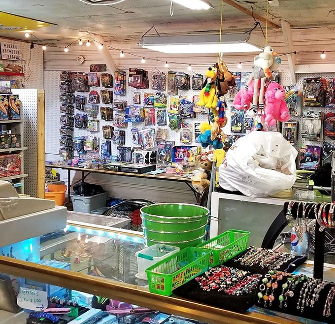 A treasure trove of action figures, jewelry, and colorful trinkets awaits. It's like your childhood toy box exploded and someone organized the aftermath.