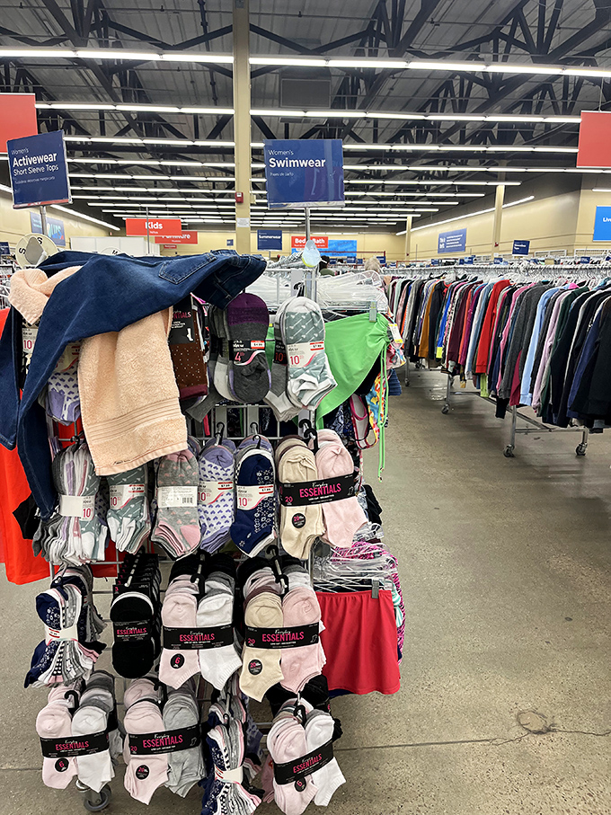 Activewear and swimwear sections stand ready for your next adventure. Why pay retail when someone else's impulse buy awaits?