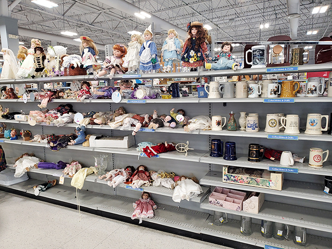 Porcelain faces from another era stare out from shelves, each doll waiting to start a second chapter. One person's decluttering becomes another's collection.