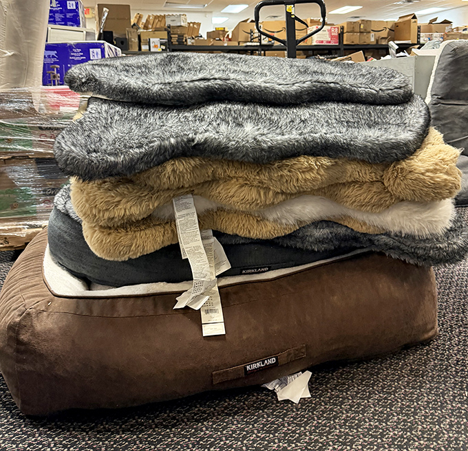 Kirkland blankets and pet beds stacked high, offering cozy comfort at prices that won't keep you up at night.