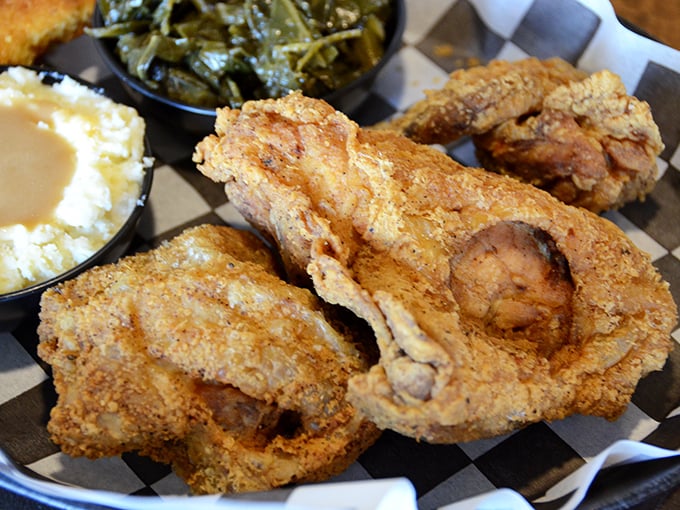 Golden-brown perfection that makes you want to high-five the chef. This fried chicken's crackling crust gives way to juicy meat that would make any Southern grandmother proud.
