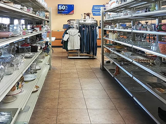 Aisle after aisle of kitchen nostalgia. Grandma's punch bowl might be hiding here, alongside someone else's abandoned fondue dreams.