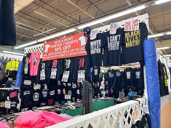Detroit pride on full display! Local sports team merchandise mingles with statement shirts, proving fashion and fandom are alive and well.