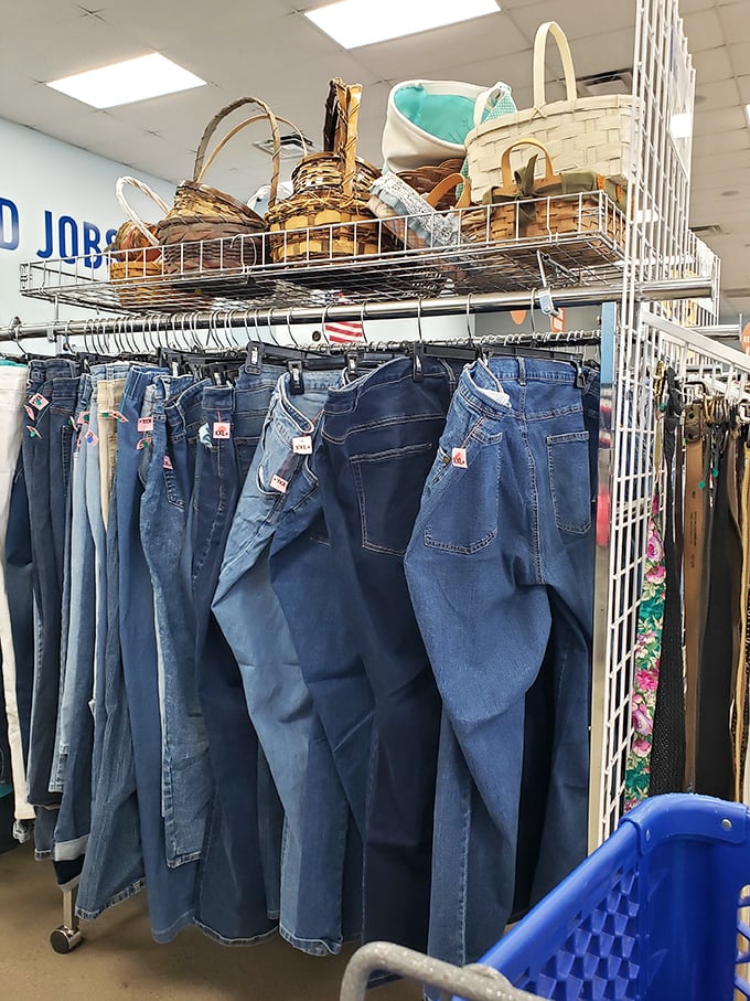 Denim paradise awaits! Rows of jeans in every wash and size hang neatly, with prices that won't give your wallet the blues.