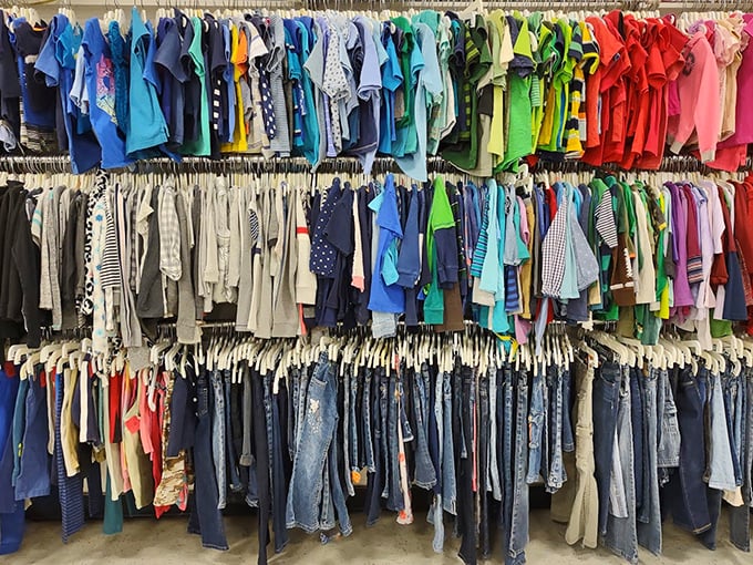 A rainbow of possibilities! The children's clothing section is organized by color, making it easy to spot that perfect tiny outfit.