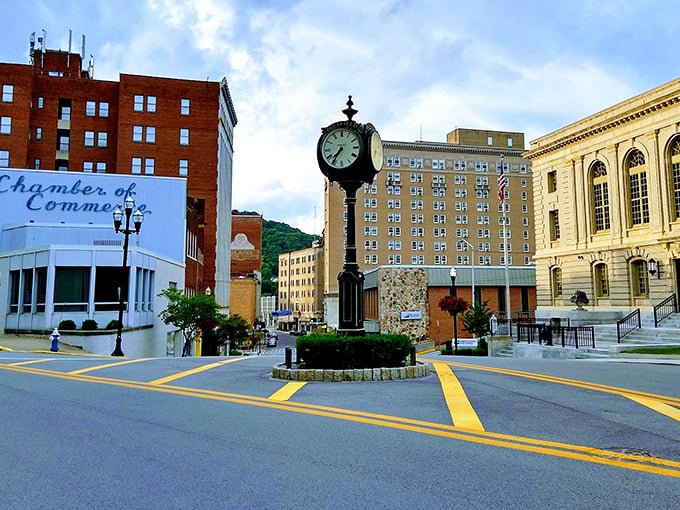 Downtown Bluefield's central plaza features a classic clock that seems to tick at a more civilized pace, surrounded by buildings that have witnessed generations of mountain life.