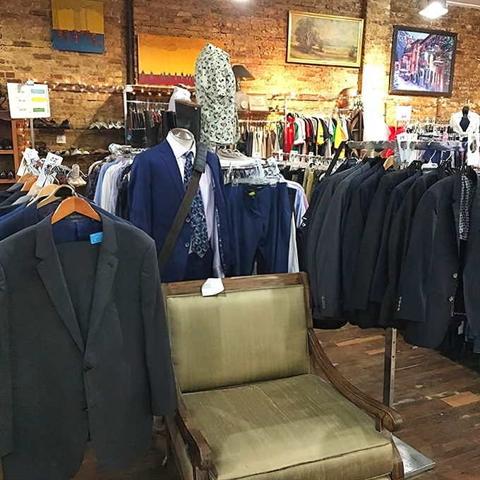 Vintage suits hang like patient time travelers waiting for their next adventure, while exposed brick walls tell stories of Chicago's past.