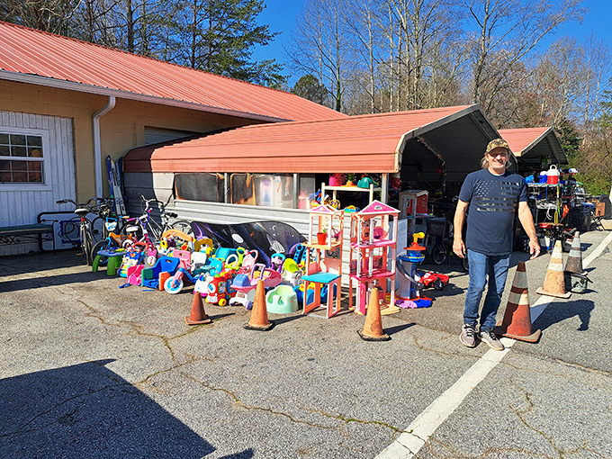 The outdoor overflow area&mdash;where furniture and toys get some fresh air while waiting for their second act in someone's home.