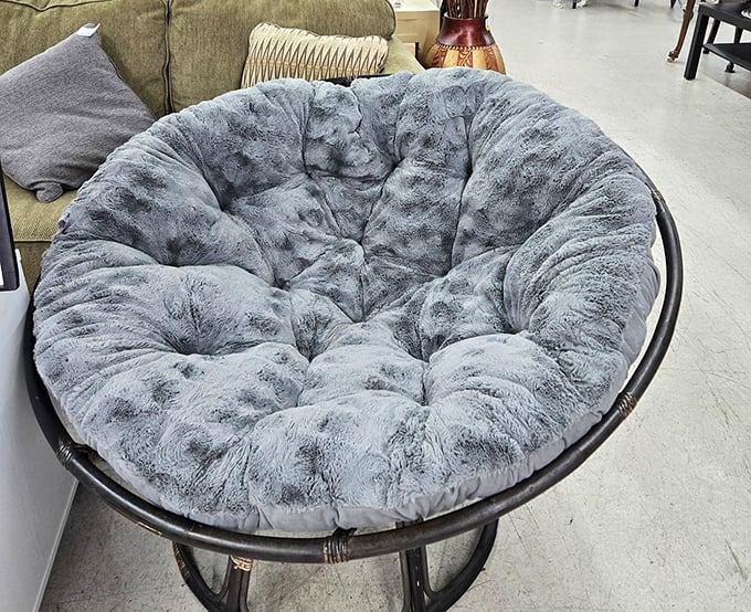 The papasan chair—that 70s icon where comfort meets conversation. This plush gray version could swallow you whole while you binge entire seasons of "Yellowstone."