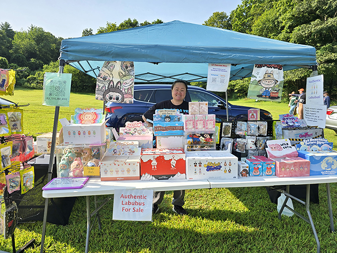 Collectible figurines meticulously arranged like a miniature army ready to march into someone's display case. One person's decluttering is another's collecting spree!