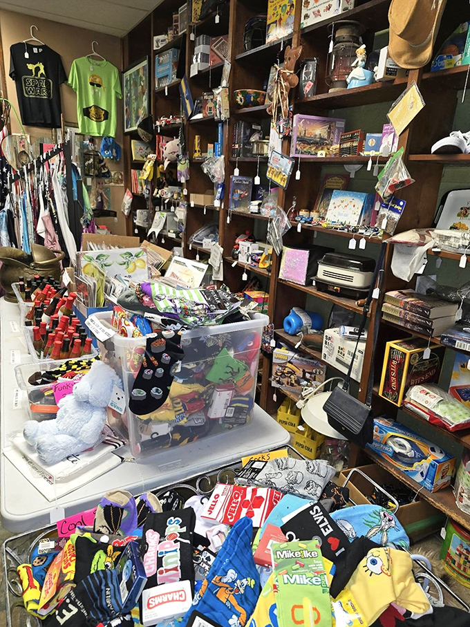 Organized chaos at its finest—where SpongeBob merchandise and vintage collectibles create the ultimate "I didn't know I needed that" moment.