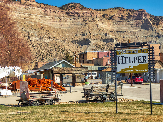 "Welcome to Helper" &ndash; where vintage mining carts and railroad memorabilia aren't museum pieces, they're the town's business cards.