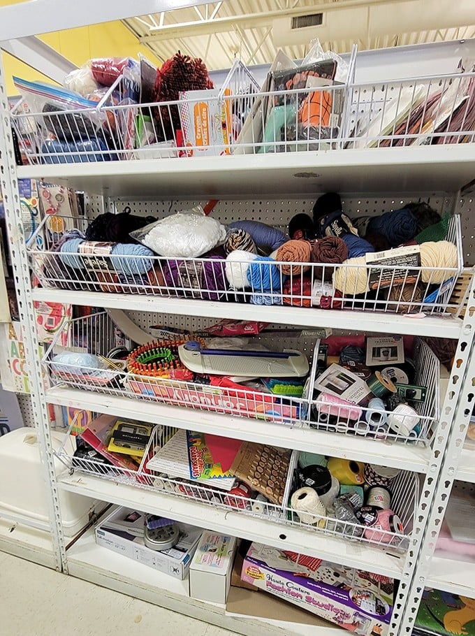 A crafter's dream come true&mdash;yarn, notions, and creative supplies waiting for their second act. Martha Stewart would approve of this organized chaos.