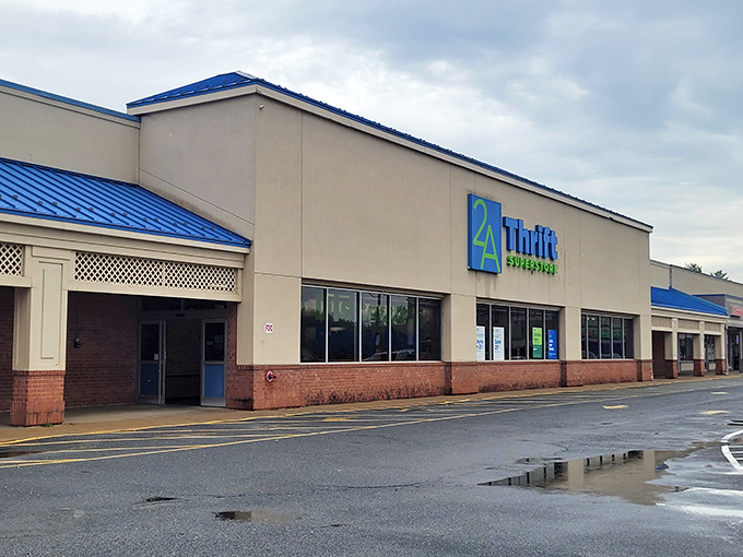 Rain puddles reflect 2nd Ave's distinctive blue and green logo. Even the weather can't dampen the thrill of the hunt at this Alexandria favorite.