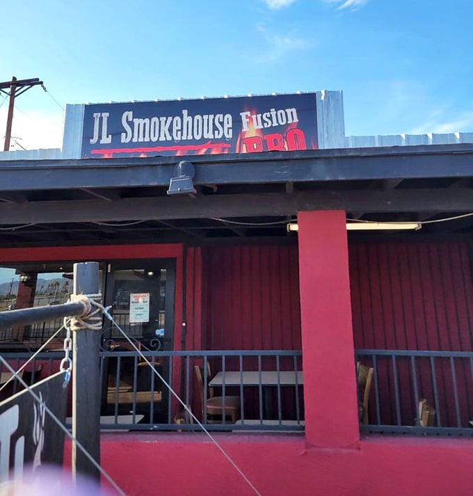 No-frills, all-thrills! This red exterior BBQ joint proves greatness often comes in humble packages.