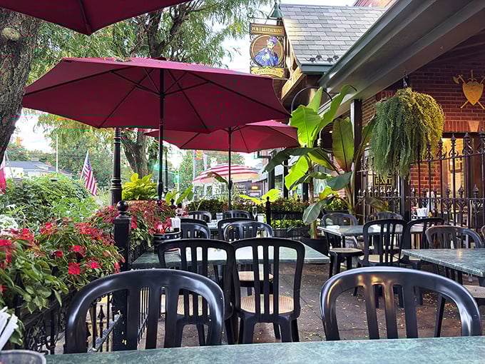 The Aristocrat's outdoor patio beckons with red umbrellas and lush greenery &ndash; a perfect urban oasis for tenderloin enthusiasts seeking shade and satisfaction.