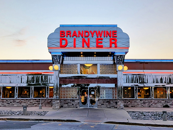 Brandywine Diner shimmers at dusk like a silver spaceship that landed with a cargo of comfort food. The mothership of meatloaf has arrived!