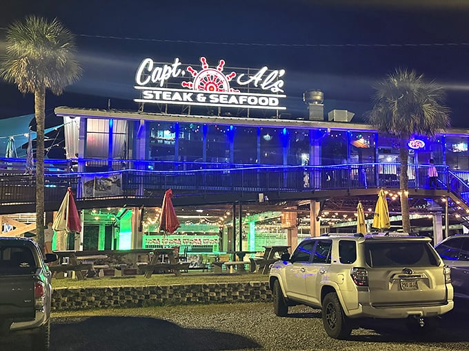 Captain Al's lights up the night like a seafood carnival—where the prize is always a plate of Gulf's finest.