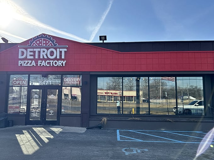Detroit Pizza Factory's bold red exterior is like a lighthouse guiding you to square pizza paradise.