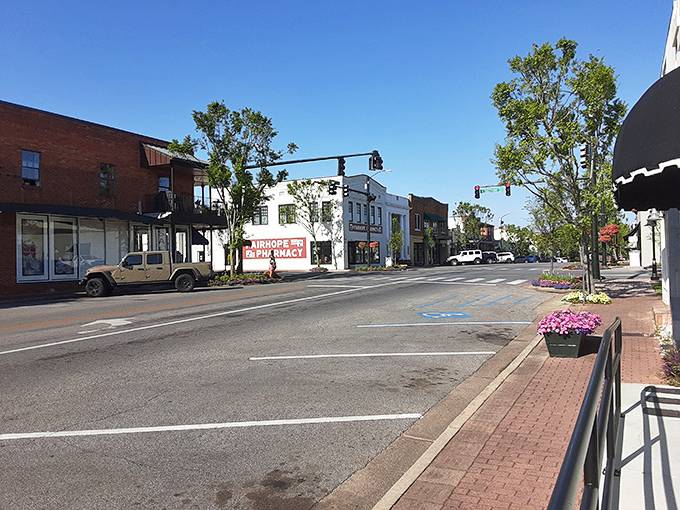 Fairhope's wide streets and tidy sidewalks invite leisurely strolls where pink flowers pop against brick pavers like nature's welcome mat.