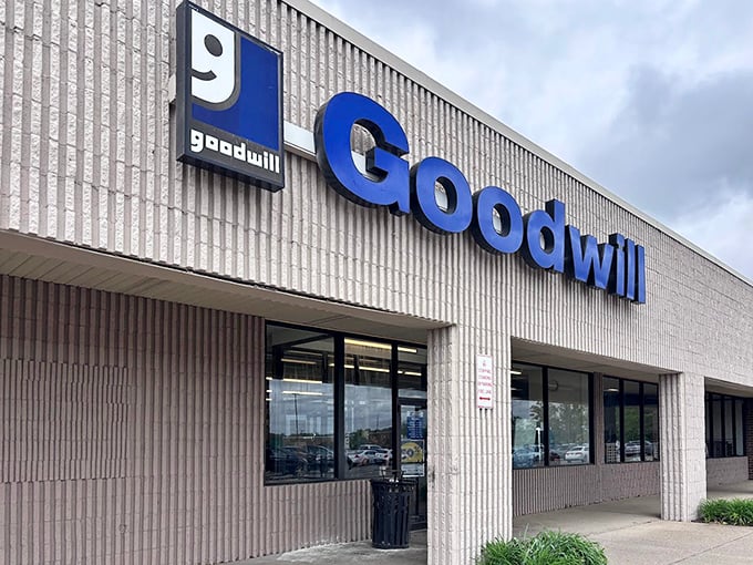 Goodwill's iconic blue "G" – the North Star for thrift shoppers seeking fashion gold in Hermitage.