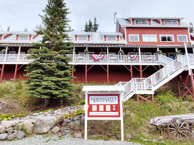 That bright red lodge perched on the hillside stands out like a beacon from Alaska's copper mining glory.