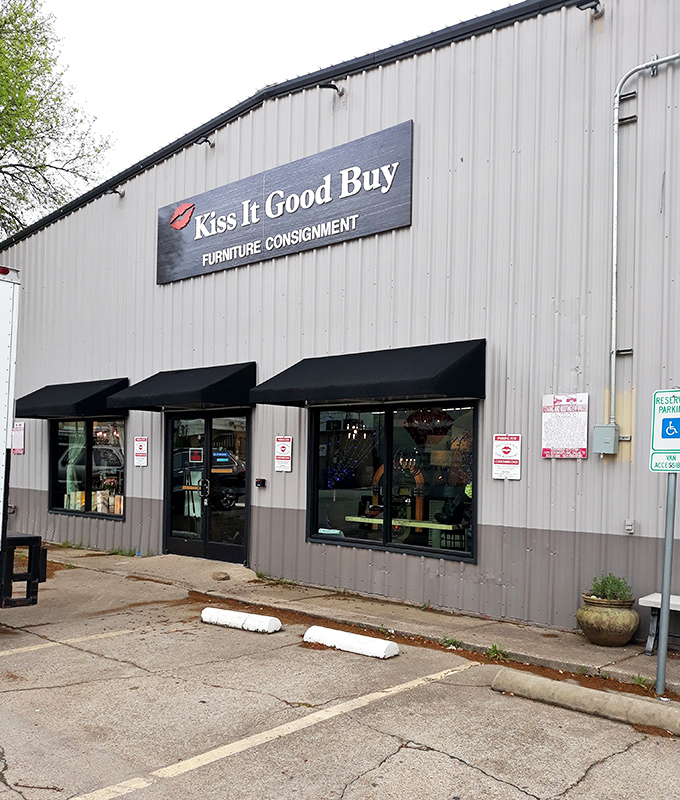 "Kiss It Good Buy" &ndash; where clever naming meets serious savings. This unassuming metal building hides furniture gold within.