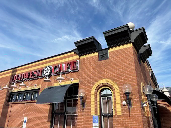 Oldwest Cafe's brick facade promises hearty cowboy-sized portions and genuine Texas hospitality inside those rustic walls.